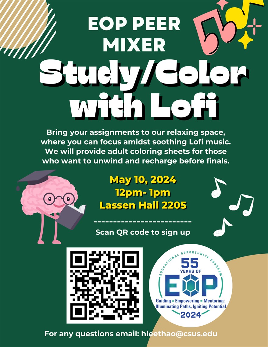 EOP Peer Mixer: Study/ Color with Lofi, Friday, May 10, 2024, 12 - 1pm