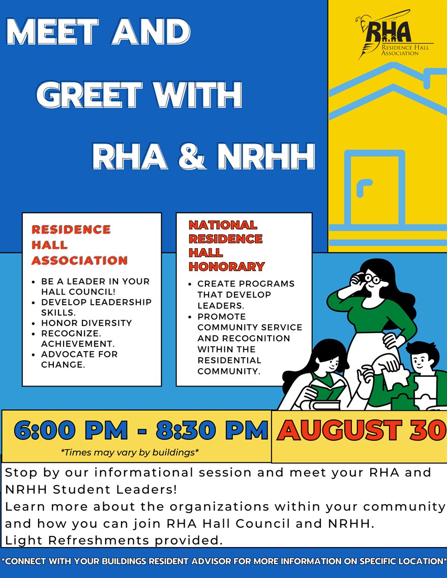 Meet and Greet with RHA and NRHH, Tuesday, August 30, 2022, 6 - 8:30pm